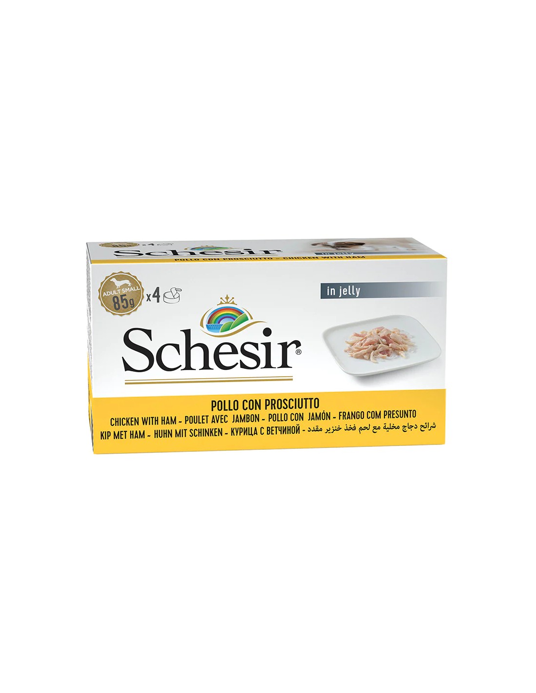SCHESIR POLLO Y JAMÓN EN GELATINA PARA PERROS (4 UNIDADES) - 4 X 85 GR