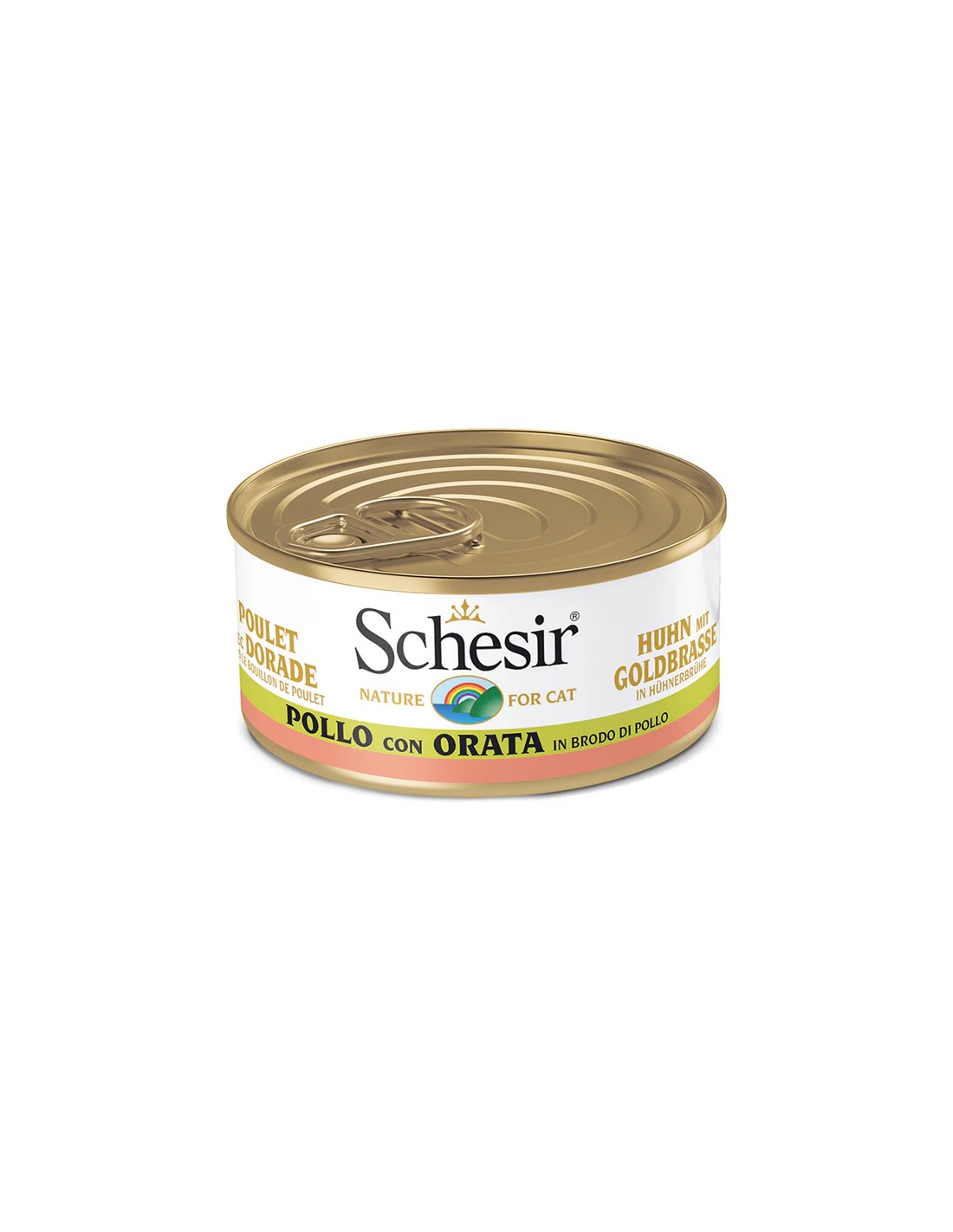 SCHESIR POLLO CON DORADA EN CALDO DE COCCIÓN PARA GATOS - 70 GR (14 UNIDADES)